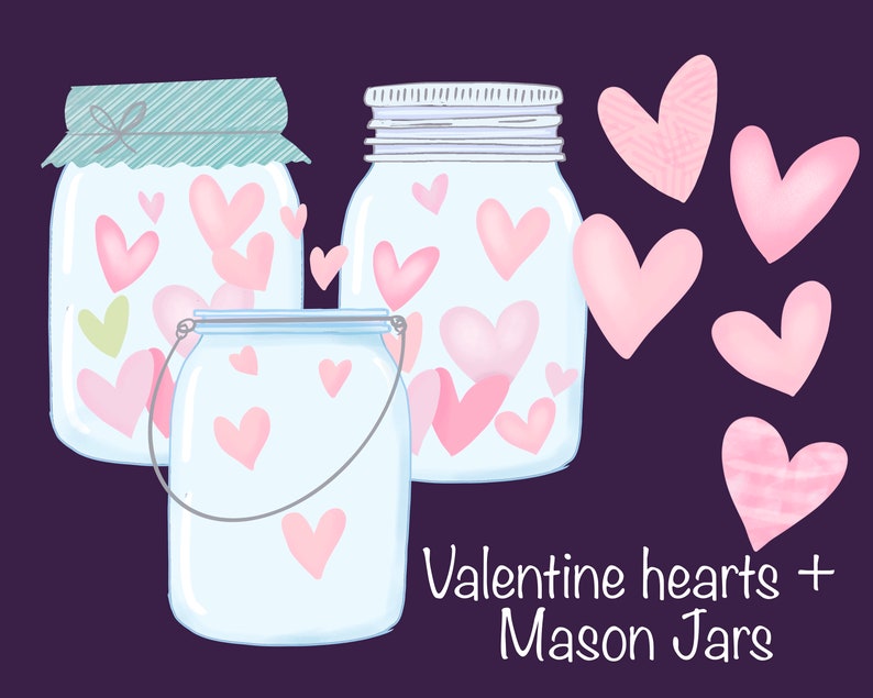 Hand Drawn Valentine Mason Jar Hearts Clip Art With FREE 12x12 Digital ...