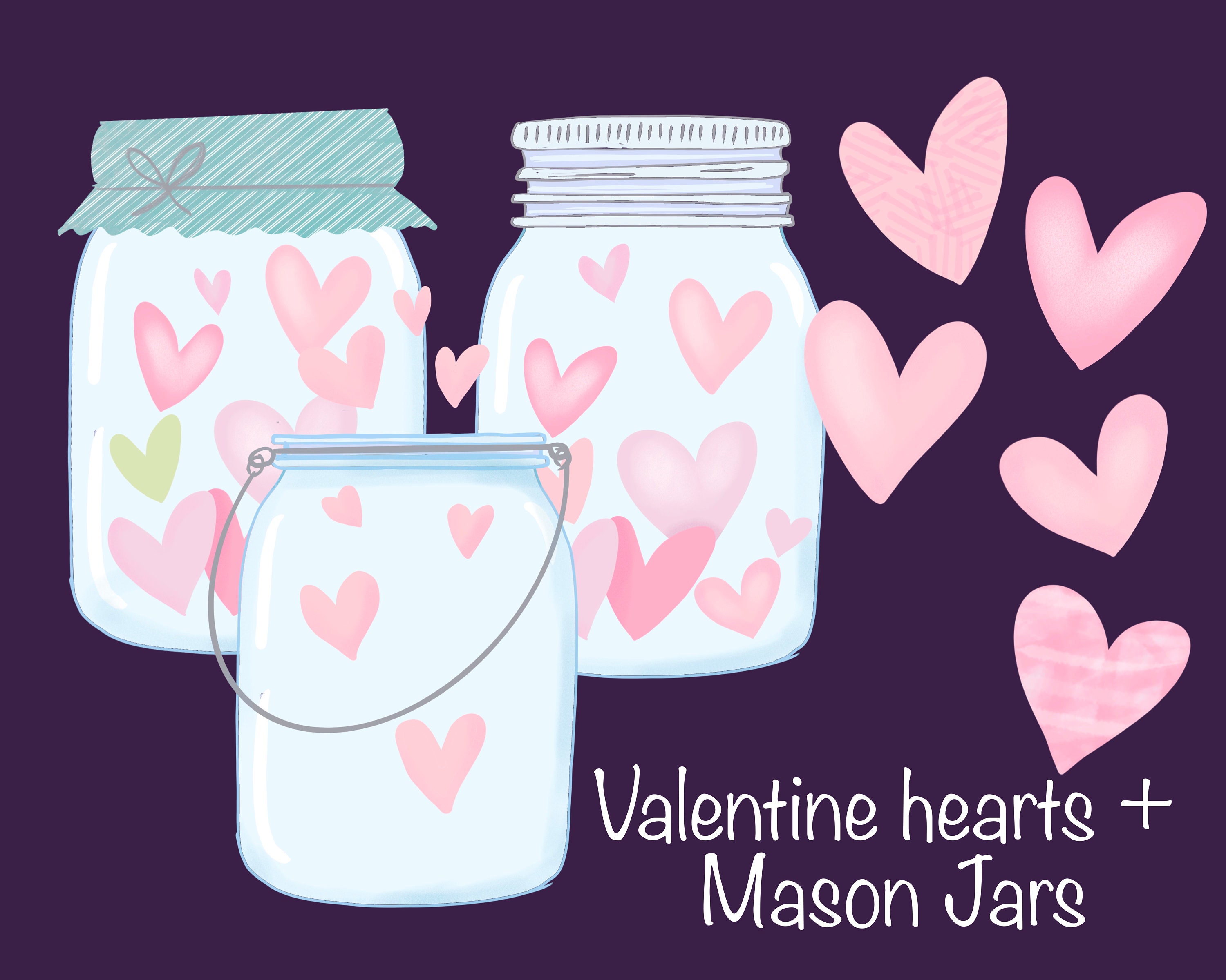 Hand Drawn Valentine Mason Jar Hearts Clip Art With FREE 12x12 Digital ...