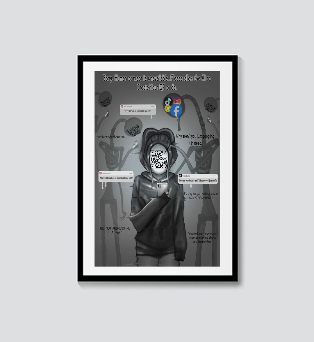 Cyberbullying Print, Depression Art Print, Female Art Print, Dark Art ...