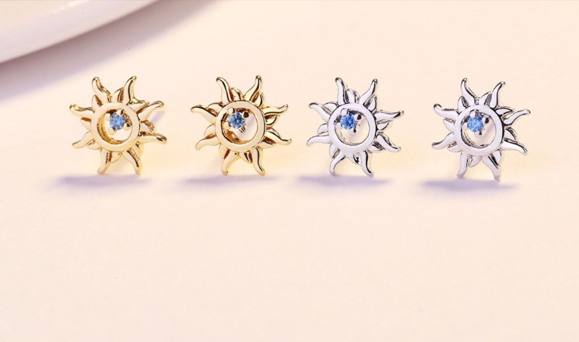 Gold Silver Celestial Stud Earrings Sunshine Pierced Earrings - Etsy