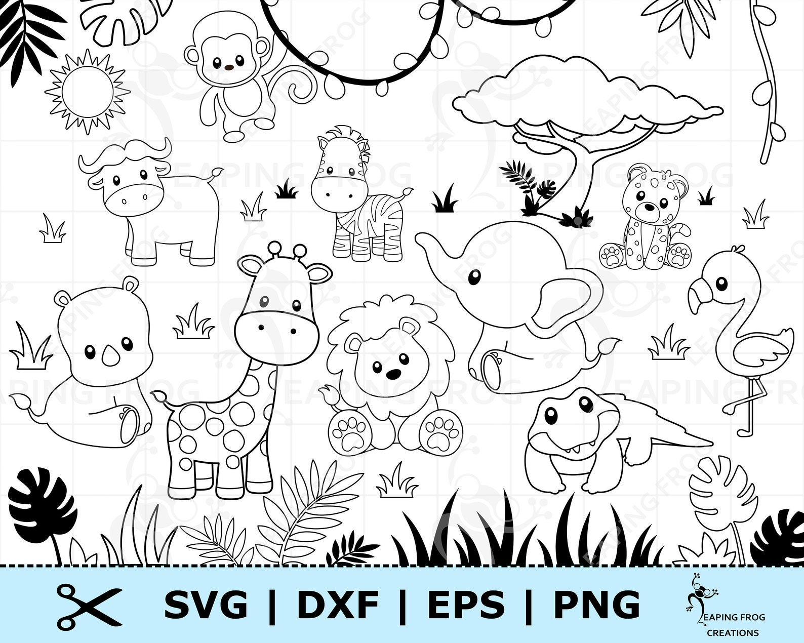 Jungle Animals SVG. PNG. Outline, Stencil. Cricut Cut Files ...