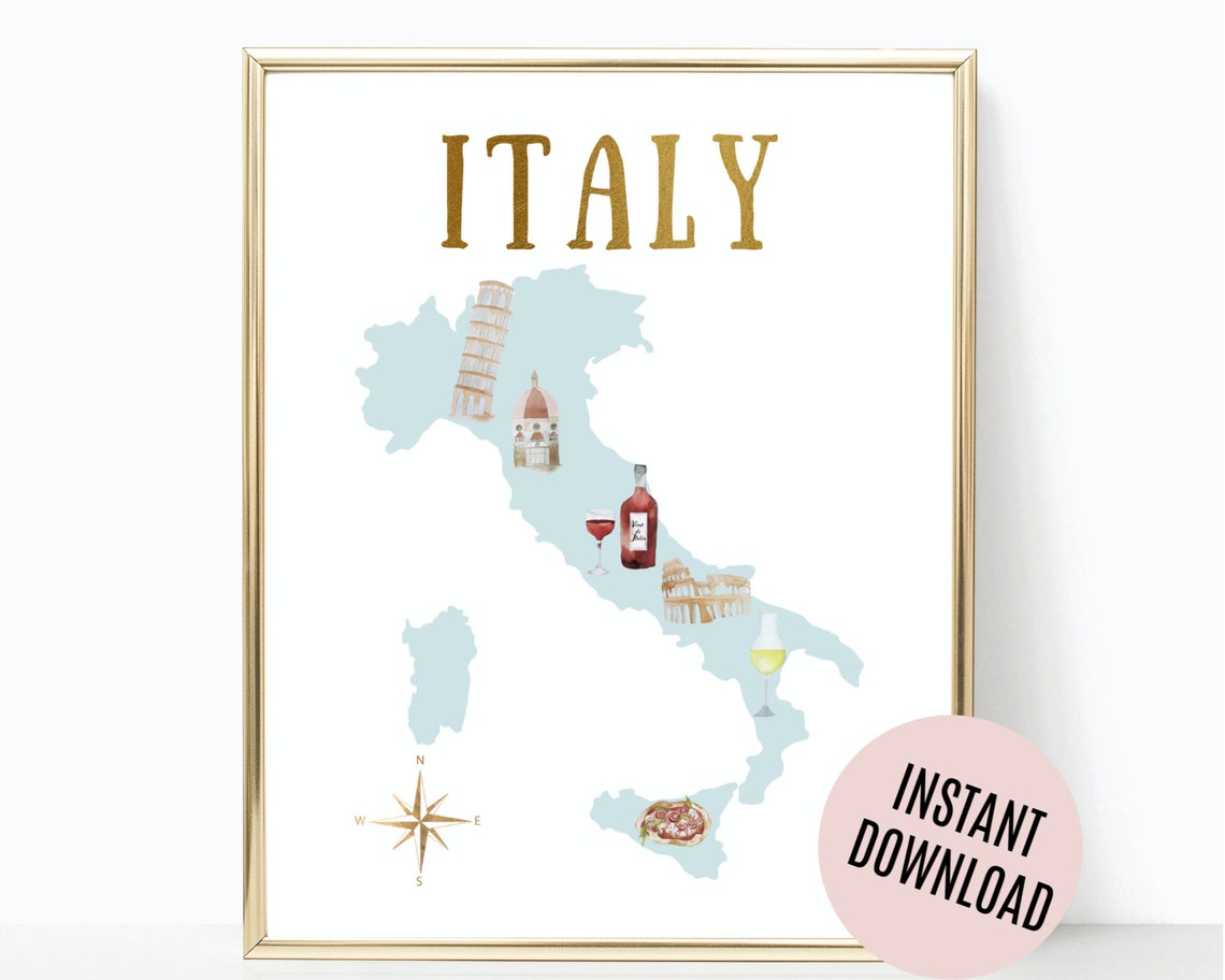 Italy Printable Travel Map Travel Map Print Printable Art - Etsy