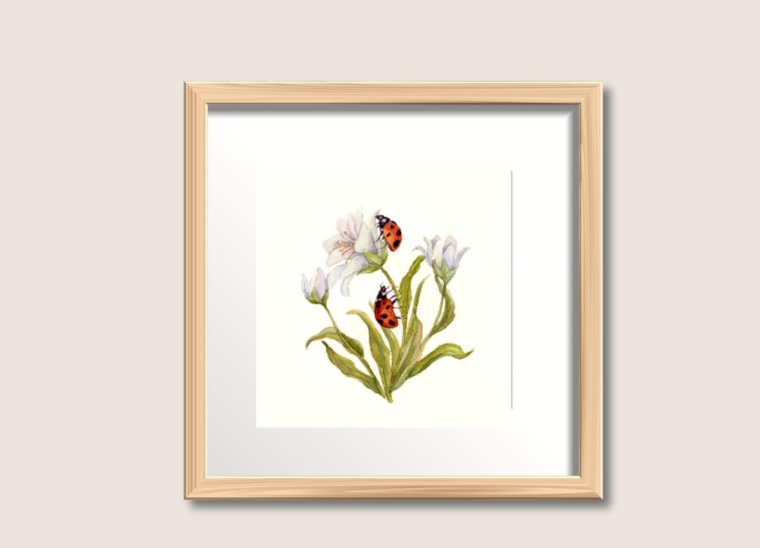 Ladybugs on Flowers Watercolor Art Print: Spring Decor (4x4) - Etsy