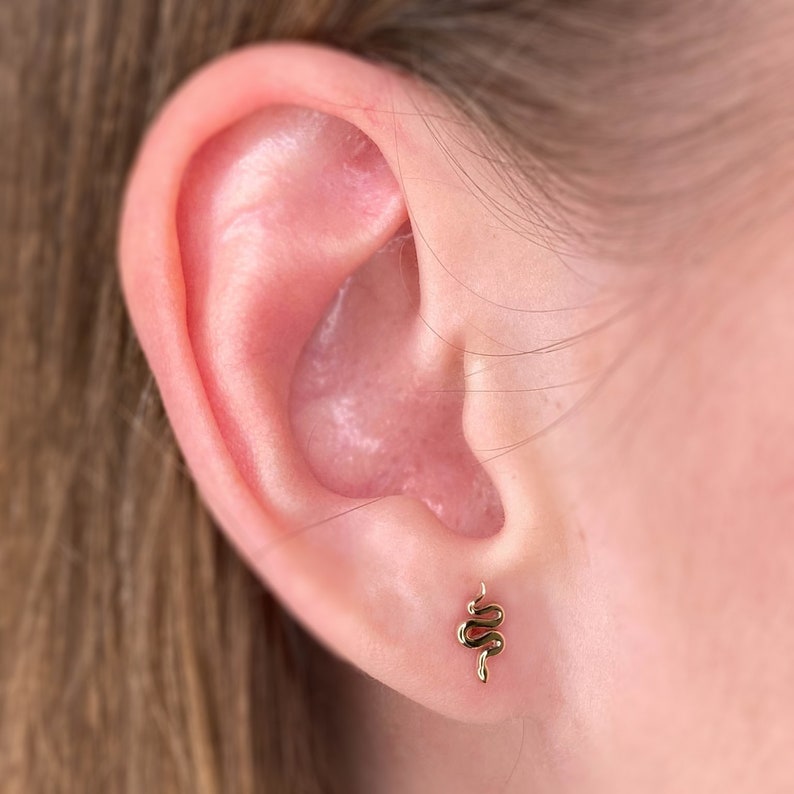 SOLID 14K Gold SNAKE Tiny Stud Earring Minimalist | Etsy