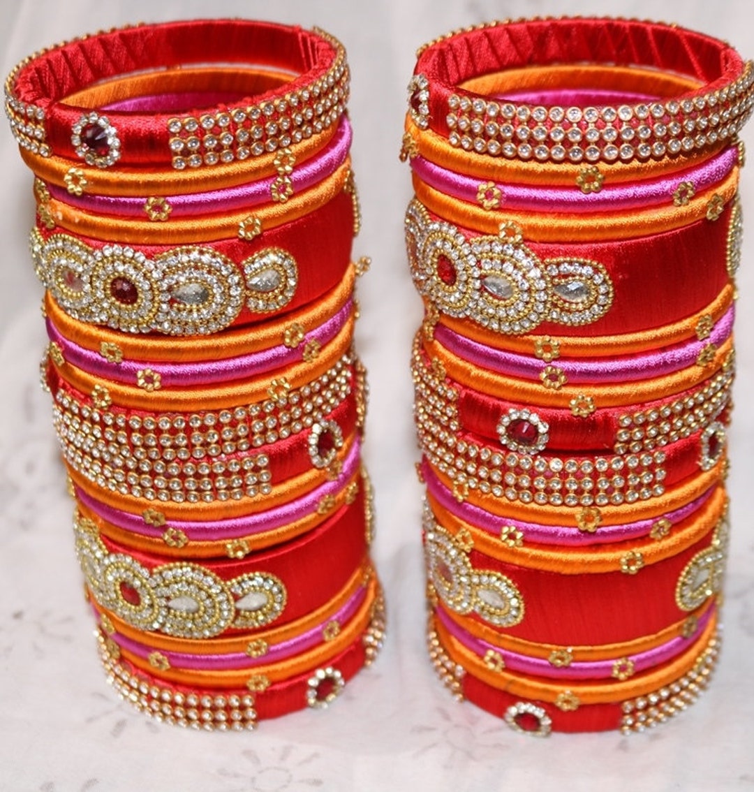 Red Color Silk Thread Bangles for Bridal 36 Bangles Red, Orange Multi ...