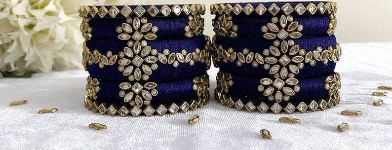 Blue and Golden Color Indian Bangles Bridal Handmade Kundan Set Silk ...