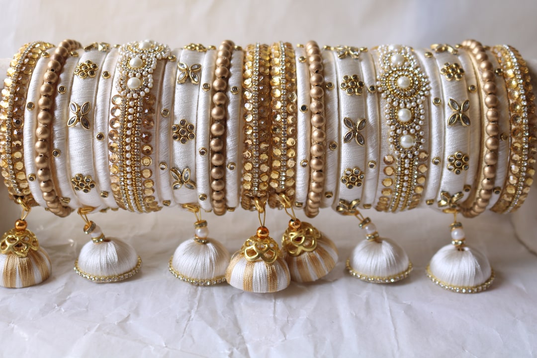Off White With Golden Color Silk Thread Handmade Bangles Jewelry Latken ...