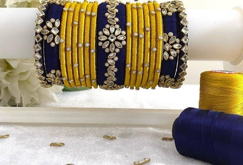 Blue and Golden Color Indian Bangles Bridal Handmade Kundan Set Silk ...