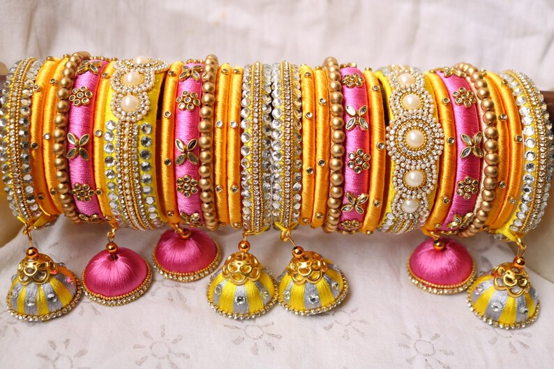 Yellow & Pink Silk Thread Bangles: Customized Women's Jewelry - Etsy