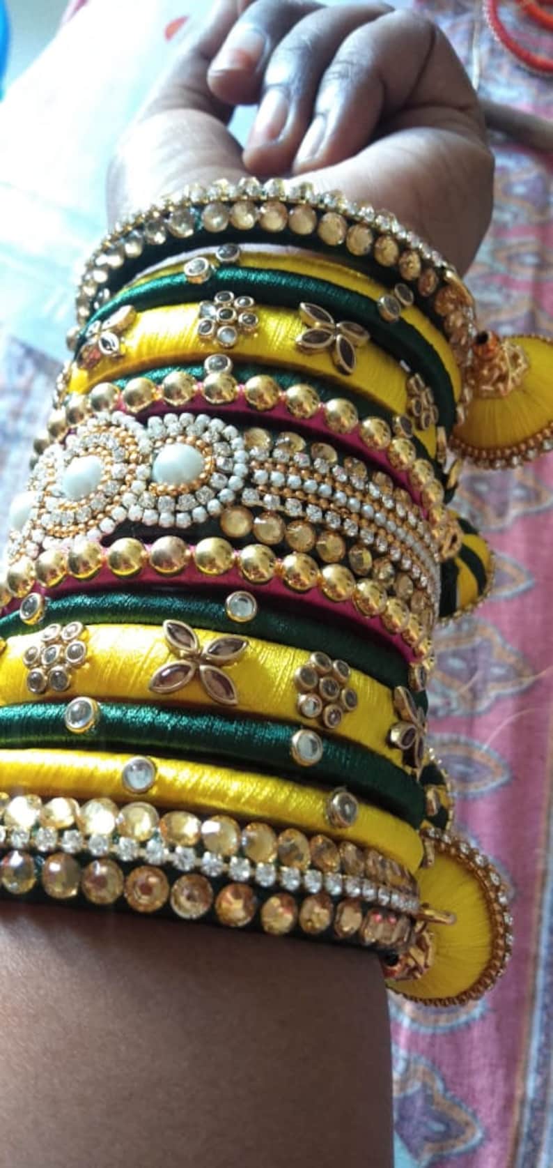 Off White With Golden Color Silk Thread Handmade Bangles Jewelry Latken ...