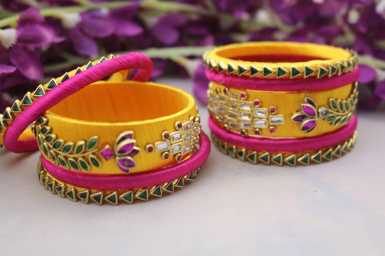 Personalized Jewel Yellow, Pink Color Silk Thread Bangles Indian Bridal ...