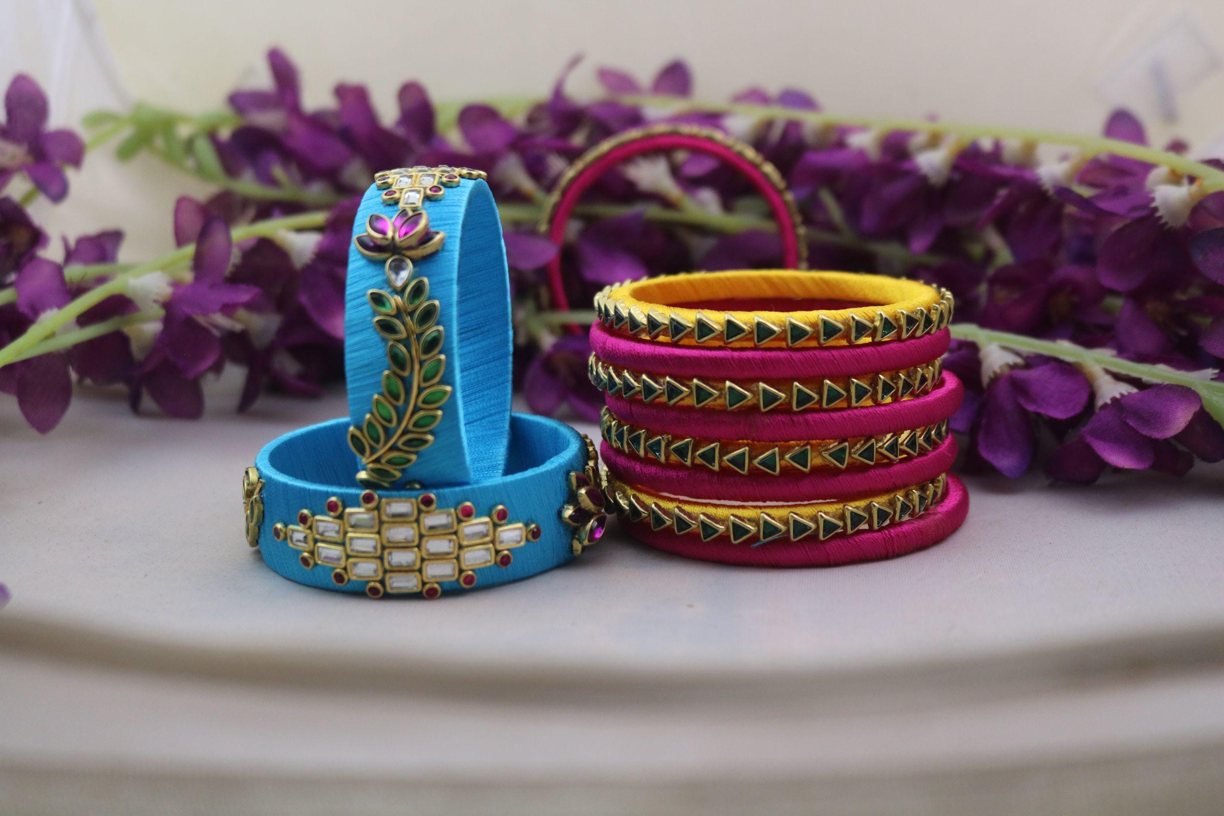Personalized Jewel Yellow, Pink Color Silk Thread Bangles Indian Bridal ...