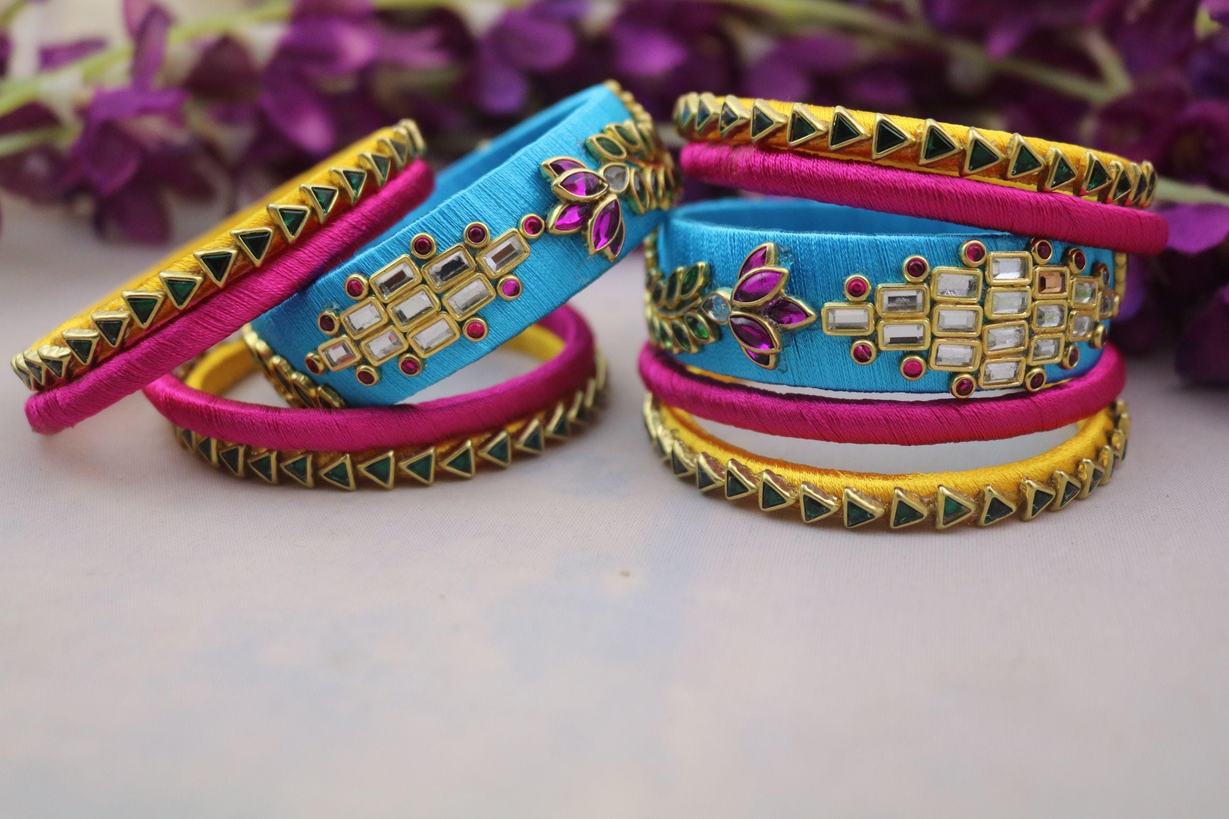 Personalized Jewel Yellow, Pink Color Silk Thread Bangles Indian Bridal ...