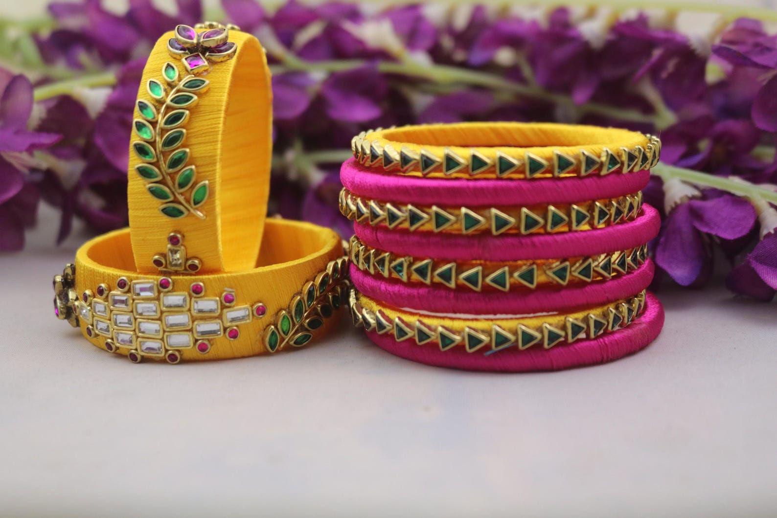 Personalized Jewel Yellow, Pink Color Silk Thread Bangles Indian Bridal ...
