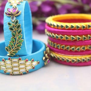 Personalized Jewel Yellow, Pink Color Silk Thread Bangles Indian Bridal ...
