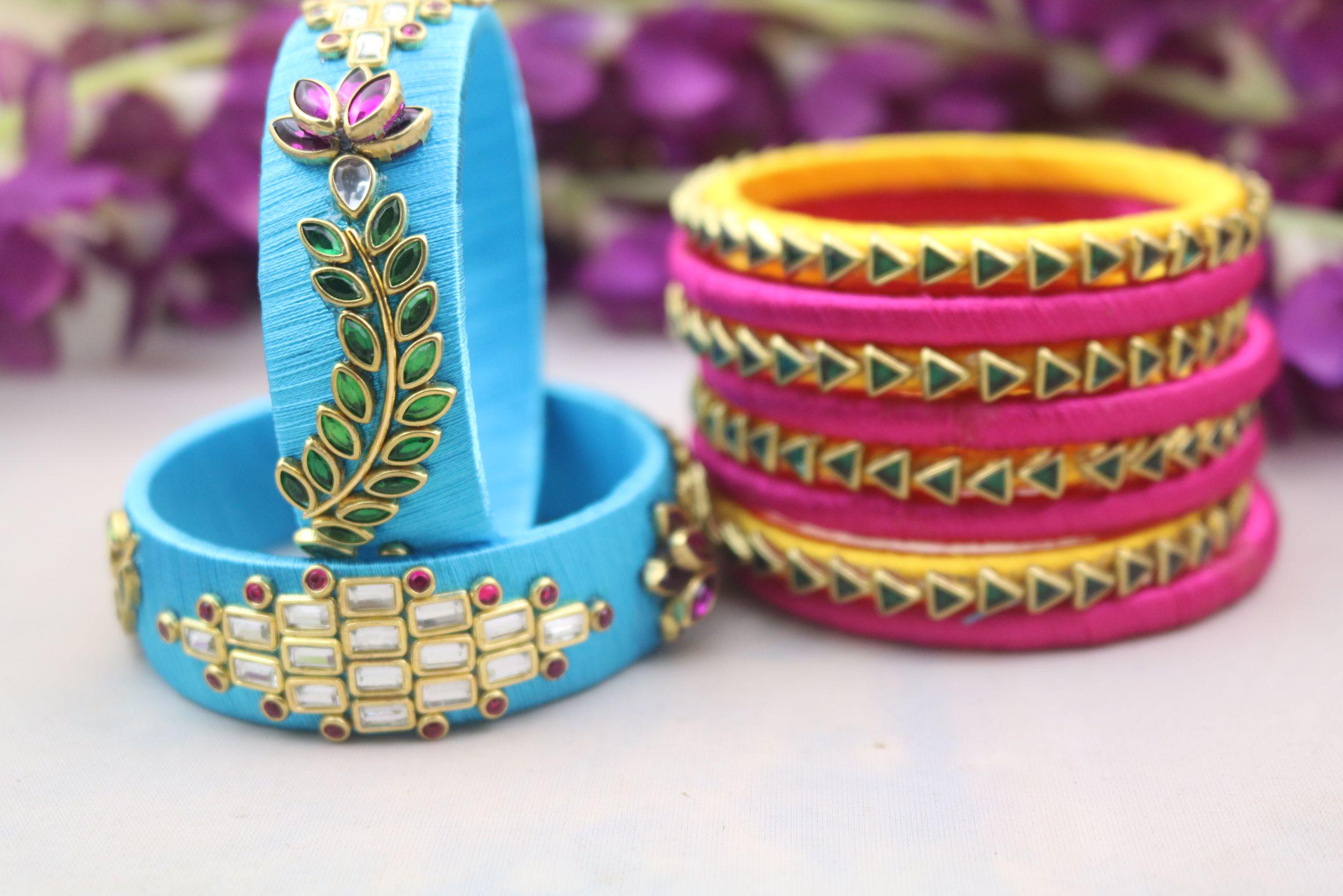 Personalized Jewel Yellow, Pink Color Silk Thread Bangles Indian Bridal ...