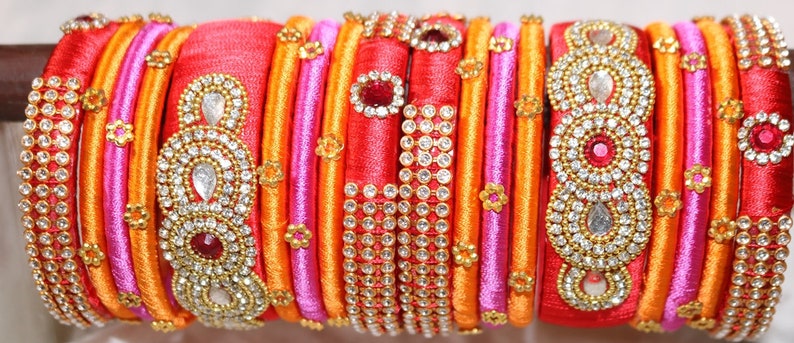Red Color Silk Thread Bangles for Bridal 36 Bangles Red, Orange Multi ...
