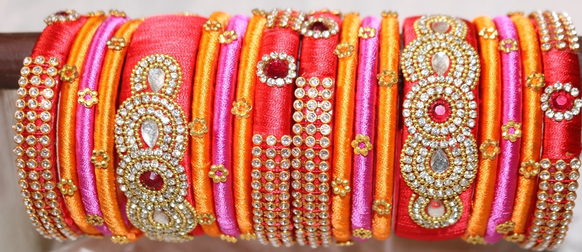 Red Color Silk Thread Bangles for Bridal 36 Bangles Red, Orange Multi ...
