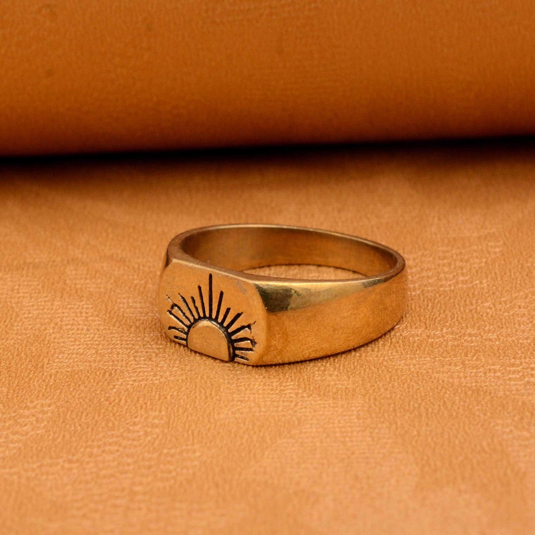 Half Sun Rays Ring Sun Signet Ring, Men Women Sun Ring, Square Signet ...