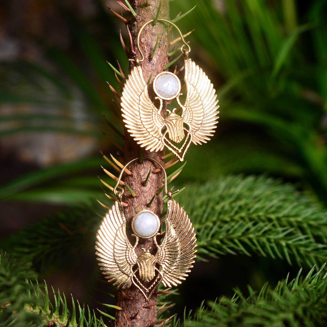 Gold Egyptian Scarab Beetles Hoop Earrings, Moonstone Scarab Earrings ...