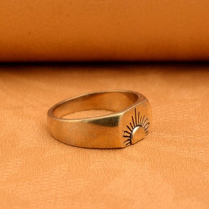 Half Sun Rays Ring Sun Signet Ring, Men Women Sun Ring, Square Signet ...