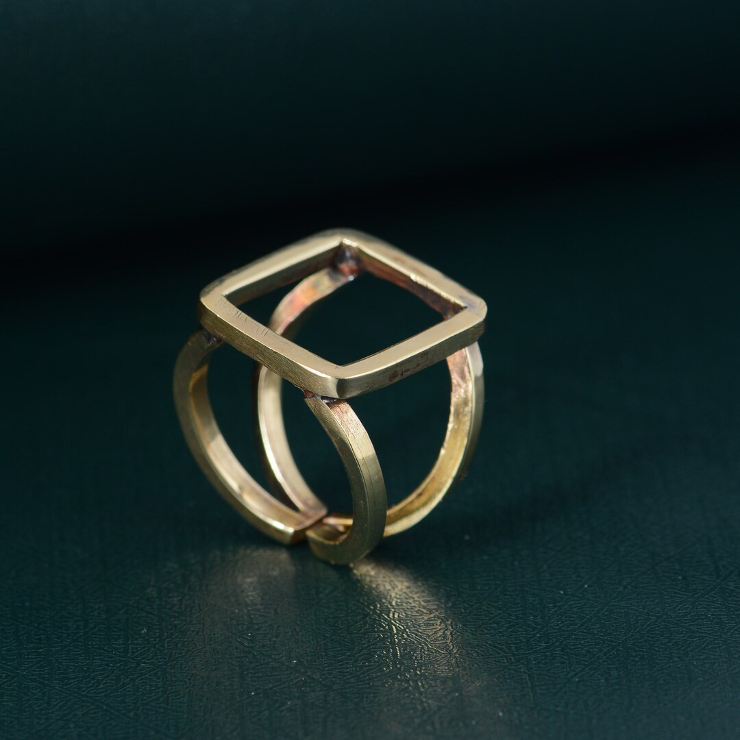 Gold Brass Square Ring, Thick Square Line Ring, Geometric Statement ...