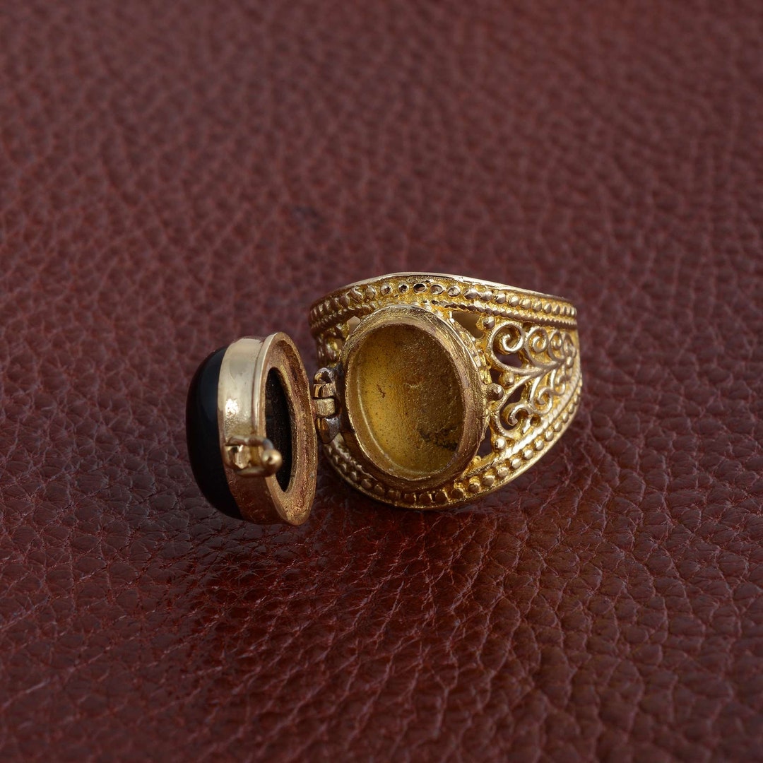 Brass Obsidian Poison Box Ring, Boho Ring - Etsy