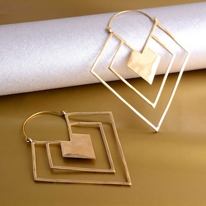Gold Rhombus Earrings, Layered Gold Earrings, Hoop Earrings, Elongated ...