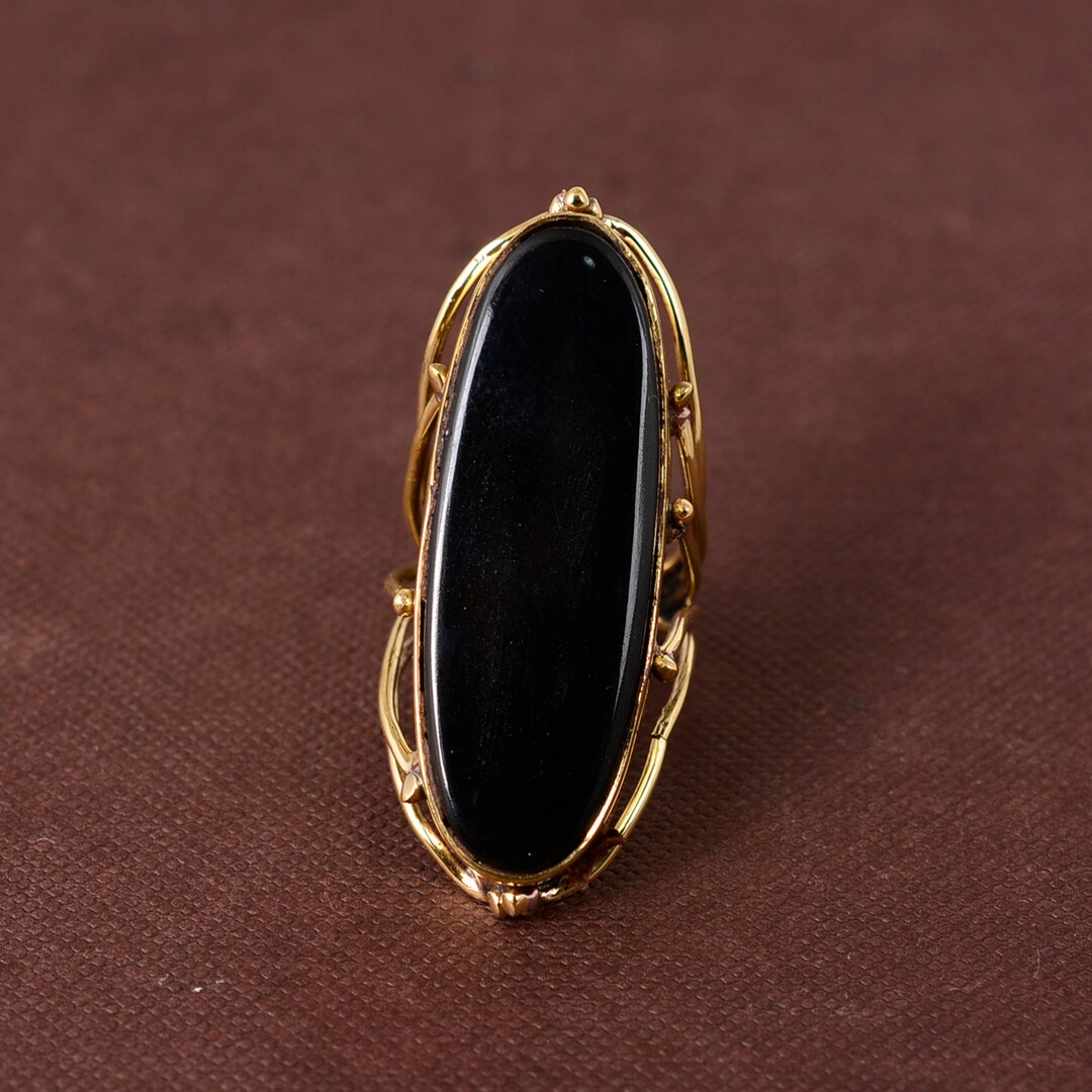 Black Obsidian Ring, Designer Brass Ring, Natural Authentic Oval Black ...