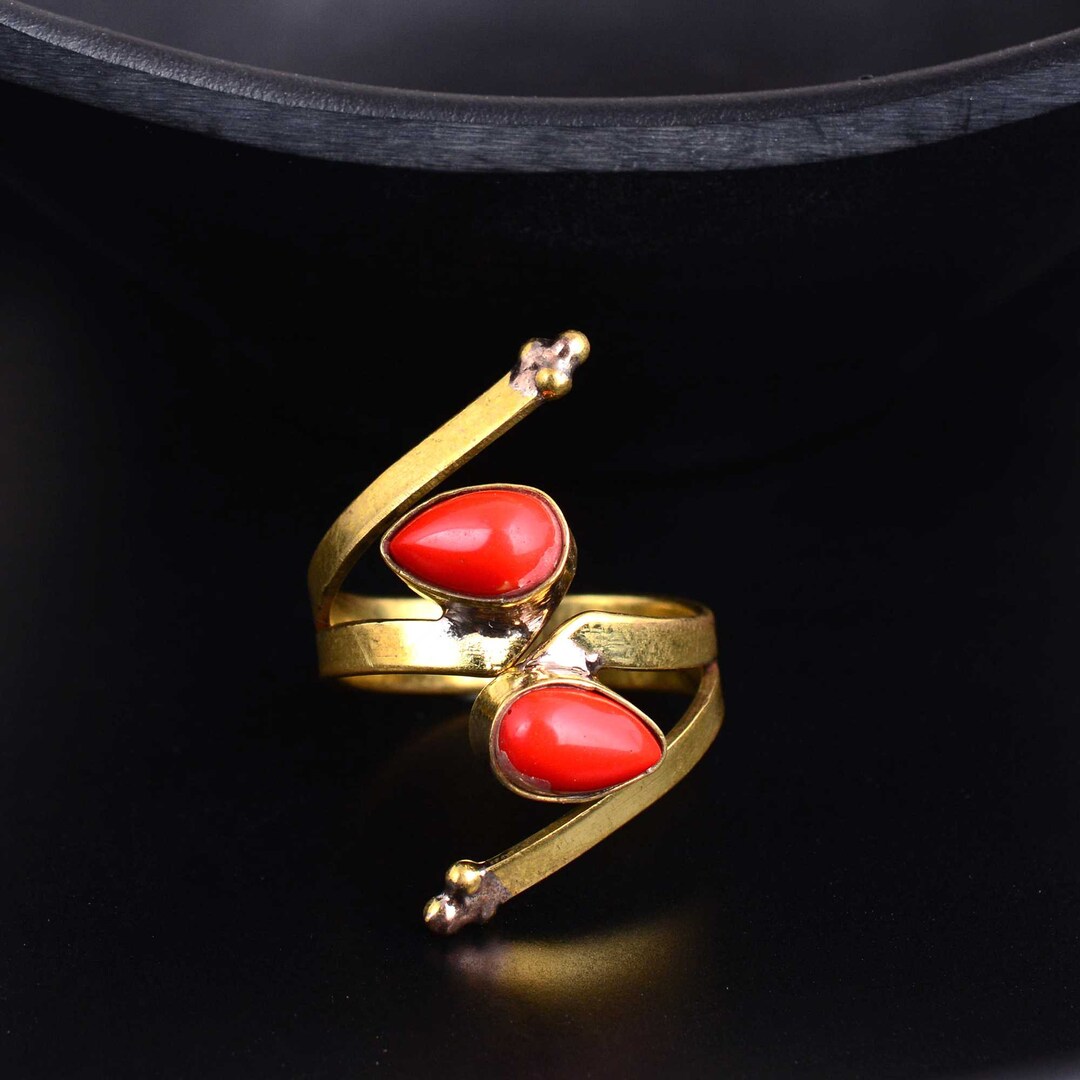 Handmade Red Coral Brass Ring: Unisex Anniversary Jewelry - Etsy