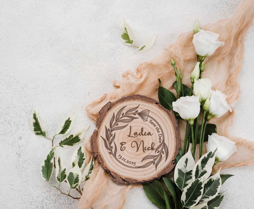 Flora Wooden Save the Date• Engraved Save the Date Wood Slice Magnet ...