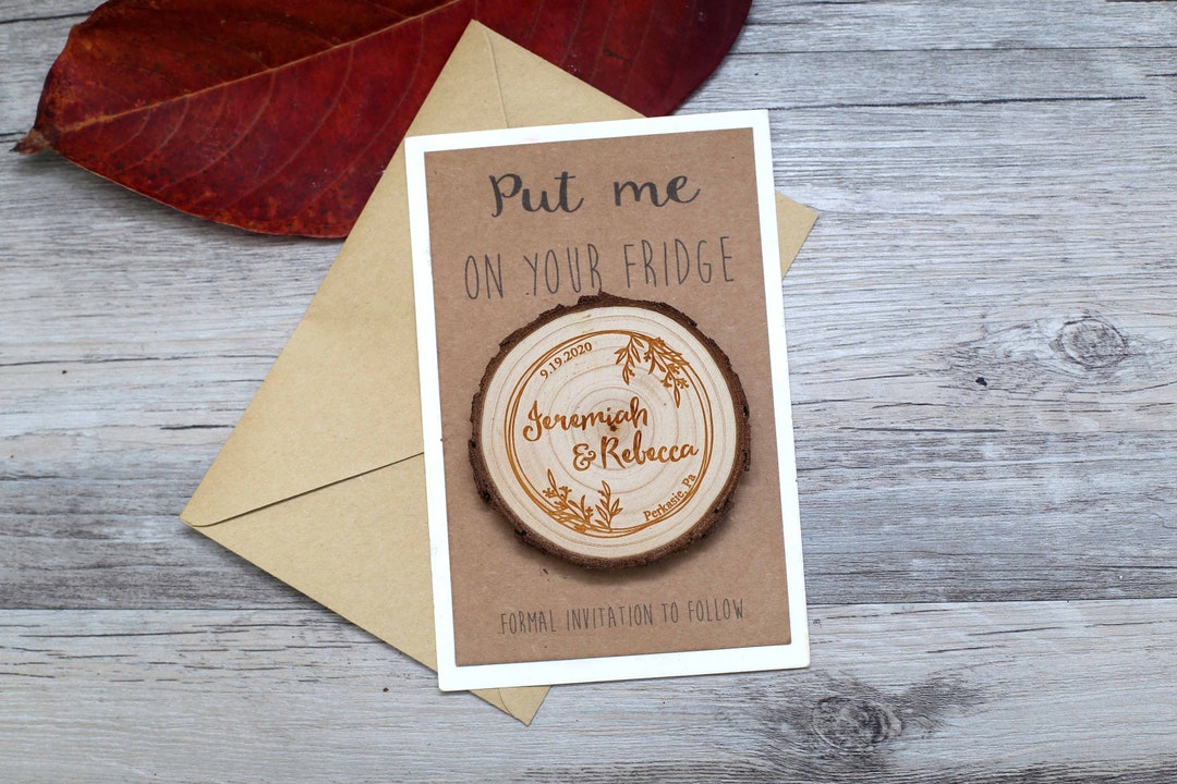 Engraved Save the Date Wood Slice Magnet • Wreath Save the Date Magnet ...