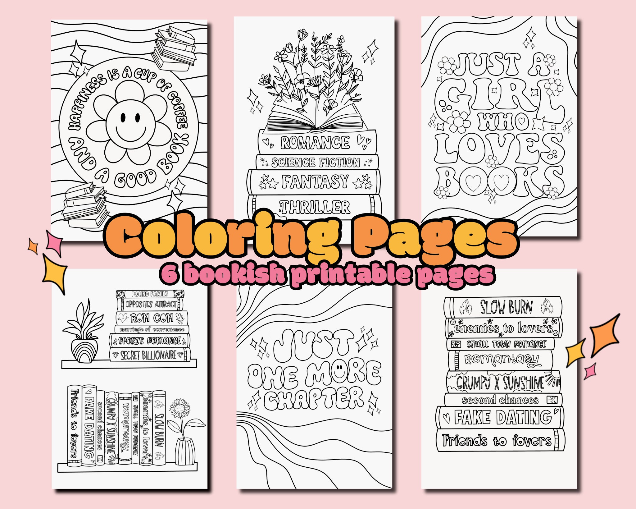 Coloring Pages, Coloring Page Bundle, Book Lover Color Page, Bookish ...
