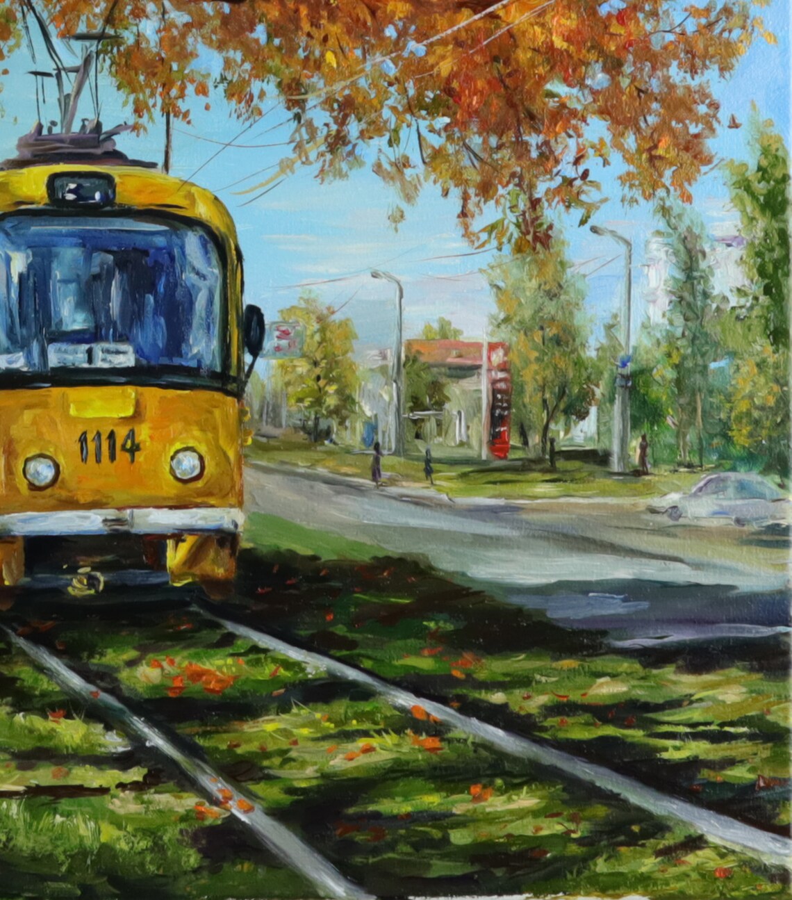 Cityscape Oil Painting on Canvas Yellow Tram Painting Train - Etsy