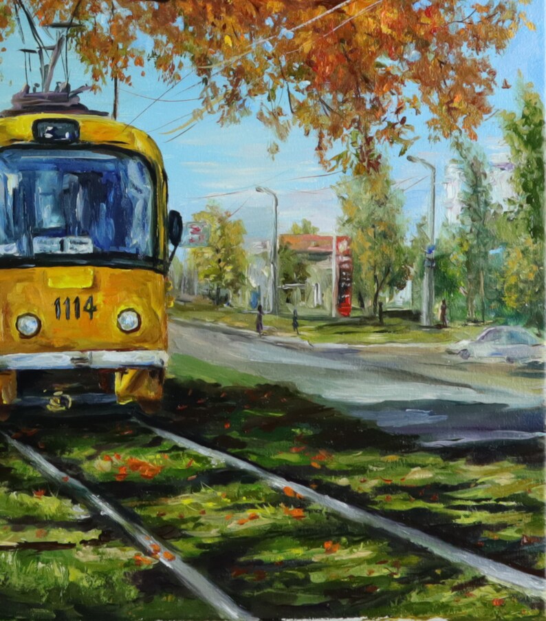 Cityscape Oil Painting on Canvas, Yellow Tram Painting, Train Painting ...