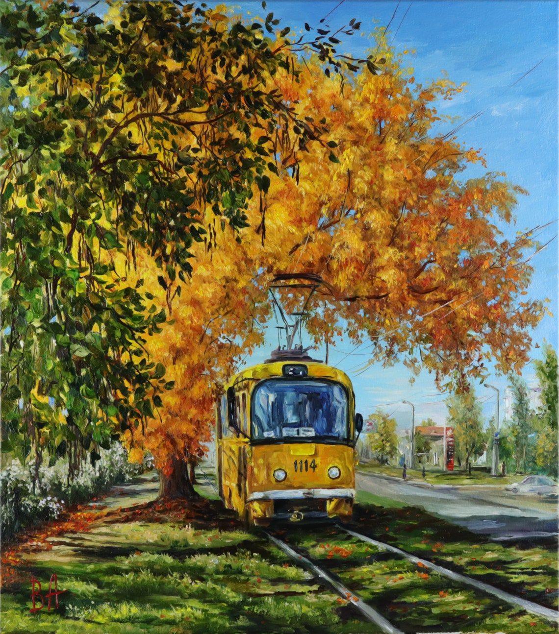 Cityscape Oil Painting on Canvas, Yellow Tram Painting, Train Painting ...
