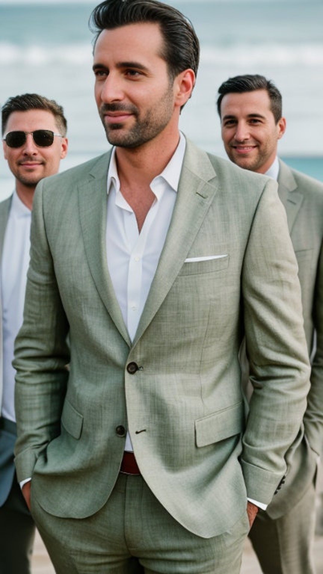 Bespoke Beach Wedding Man Linen Green Suit Groom Wear Dinner Suits Men Slim Fit Suits Men