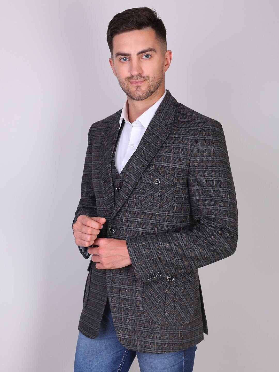 Bespoke Tweed Grey Checks Blazer for Groom & Groomsmen Wedding-prom ...