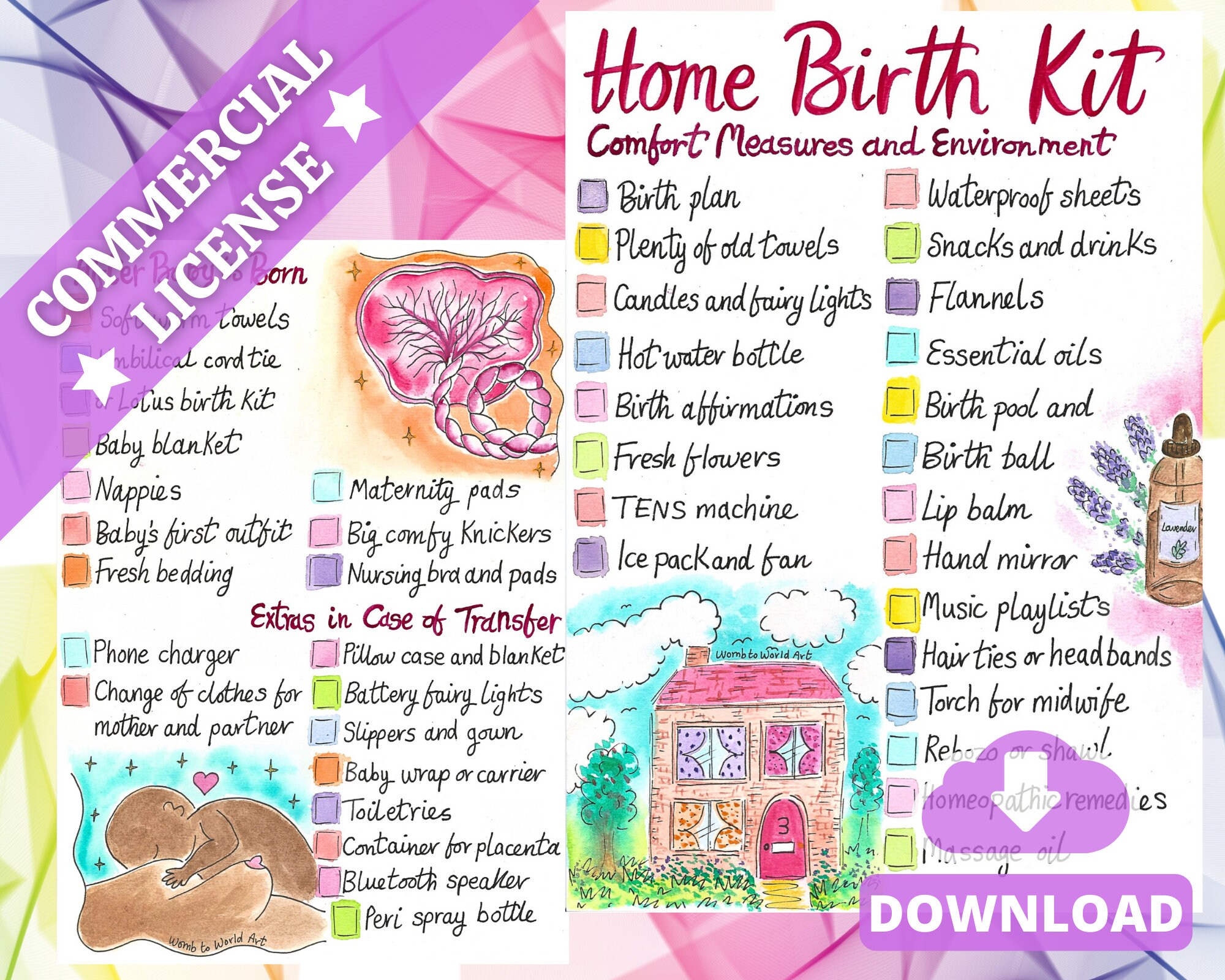 Home Birth Checklist Printouts PDF What to Pack for Homebirth Handout ...