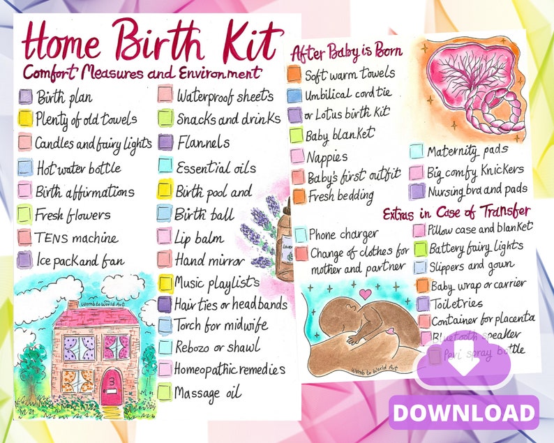 Home Birth Checklist Printouts PDF What to Pack for Homebirth Handout ...