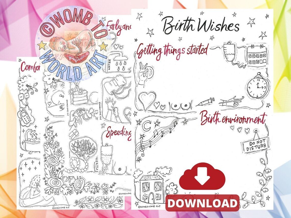 Colouring Illustrated Visual Birth Plan | Doula Materials | Antenatal ...
