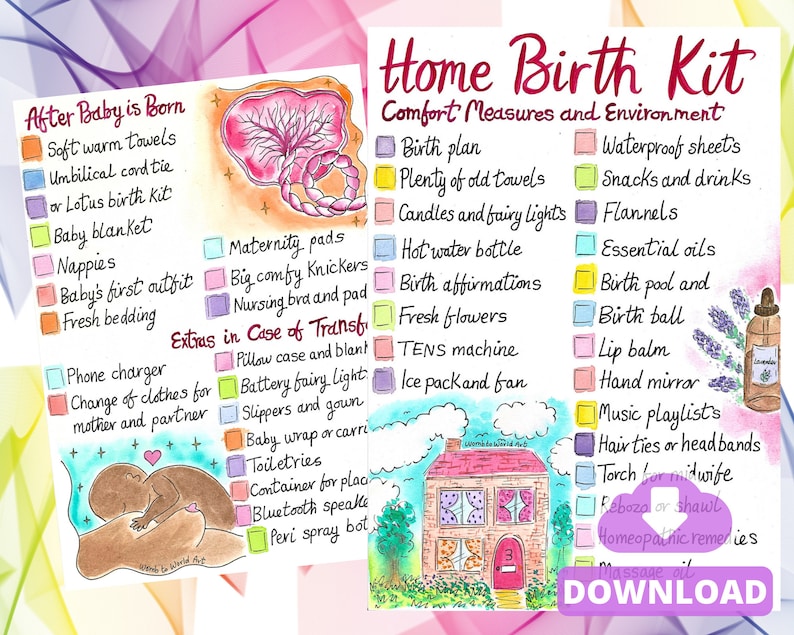 Home Birth Checklist Printouts PDF What to Pack for Homebirth Handout ...