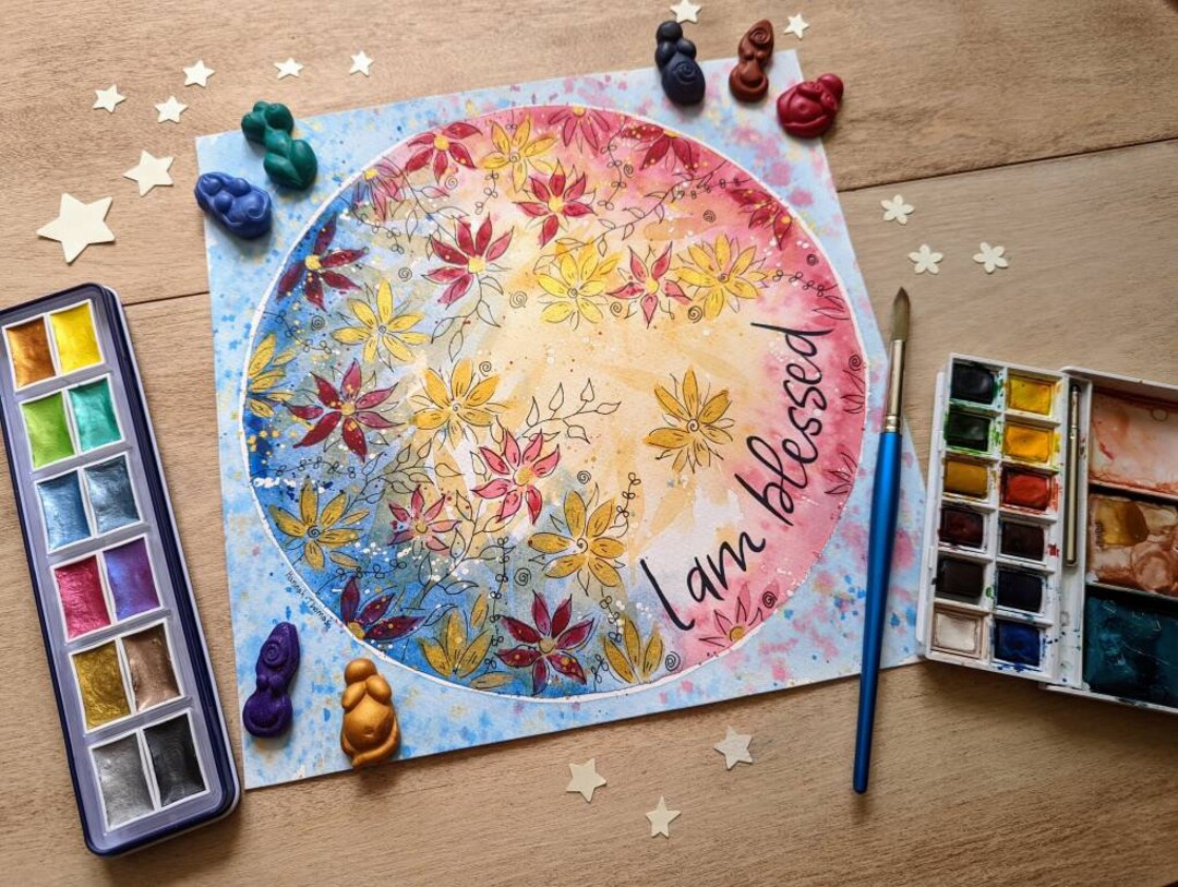 Blessed Full Moon Flowers and Gold Original Watercolour 11" Spiritual ...