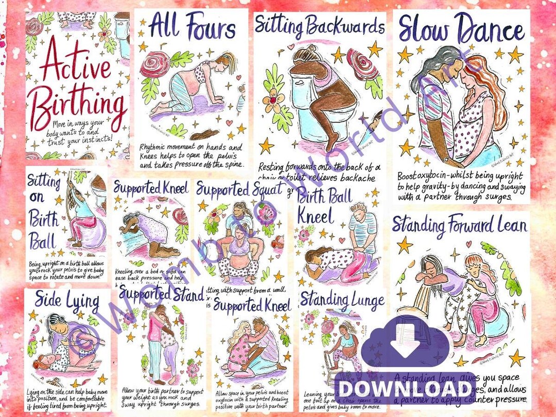Active Birth Positions PDF Printouts: Doula Birth Education Handouts ...