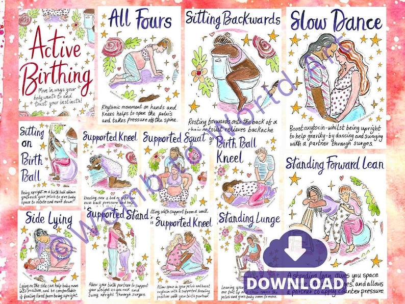 Active Birth Positions PDF Printouts: Doula Birth Education Handouts ...