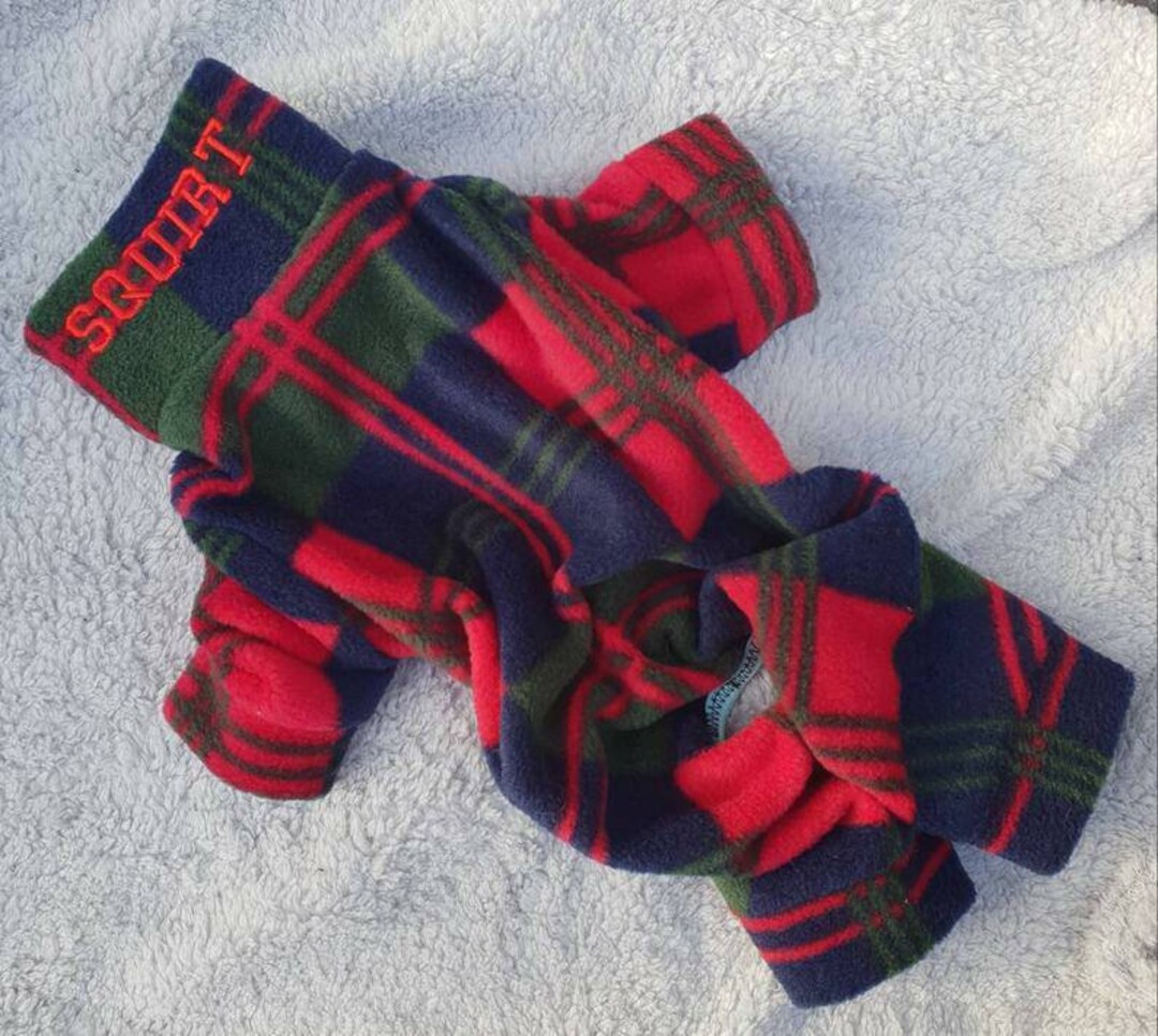 Dog Fleece Waterproof Suit Pyjamas in a Cute Designer Red Green Blue ...