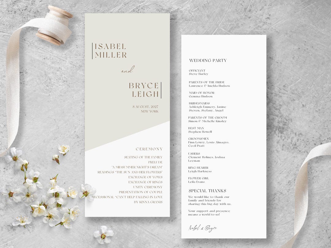 ASH Beige Wedding Program Template, Aesthetic Earthy Event Programme Sheet, Chic Typography ...