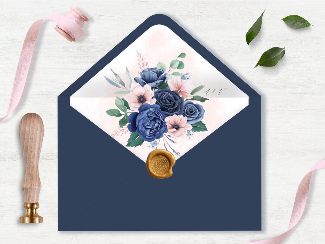 NAVY Blue & Baby Pink Floral Wedding Invitation Envelope Liner Template ...