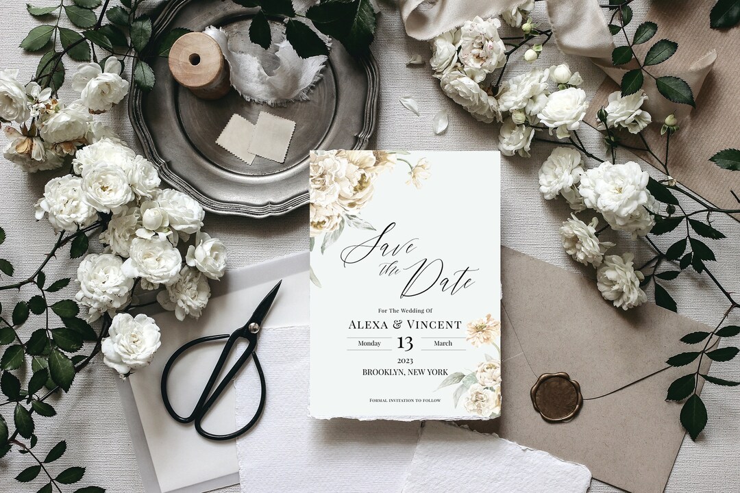 IVORY Off-white Floral Wedding Save the Date, Classic Elegant White ...