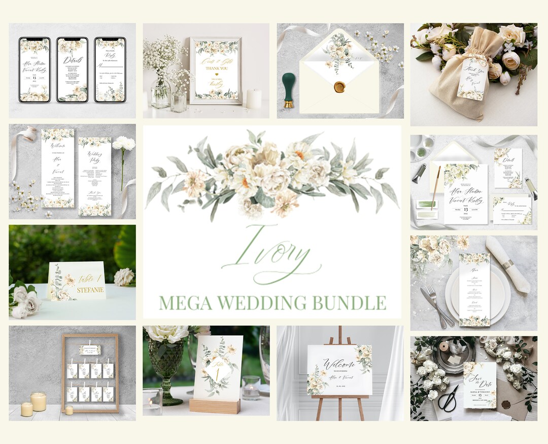 50 Templates, IVORY Off-white Floral Wedding Templates Mega Bundle ...